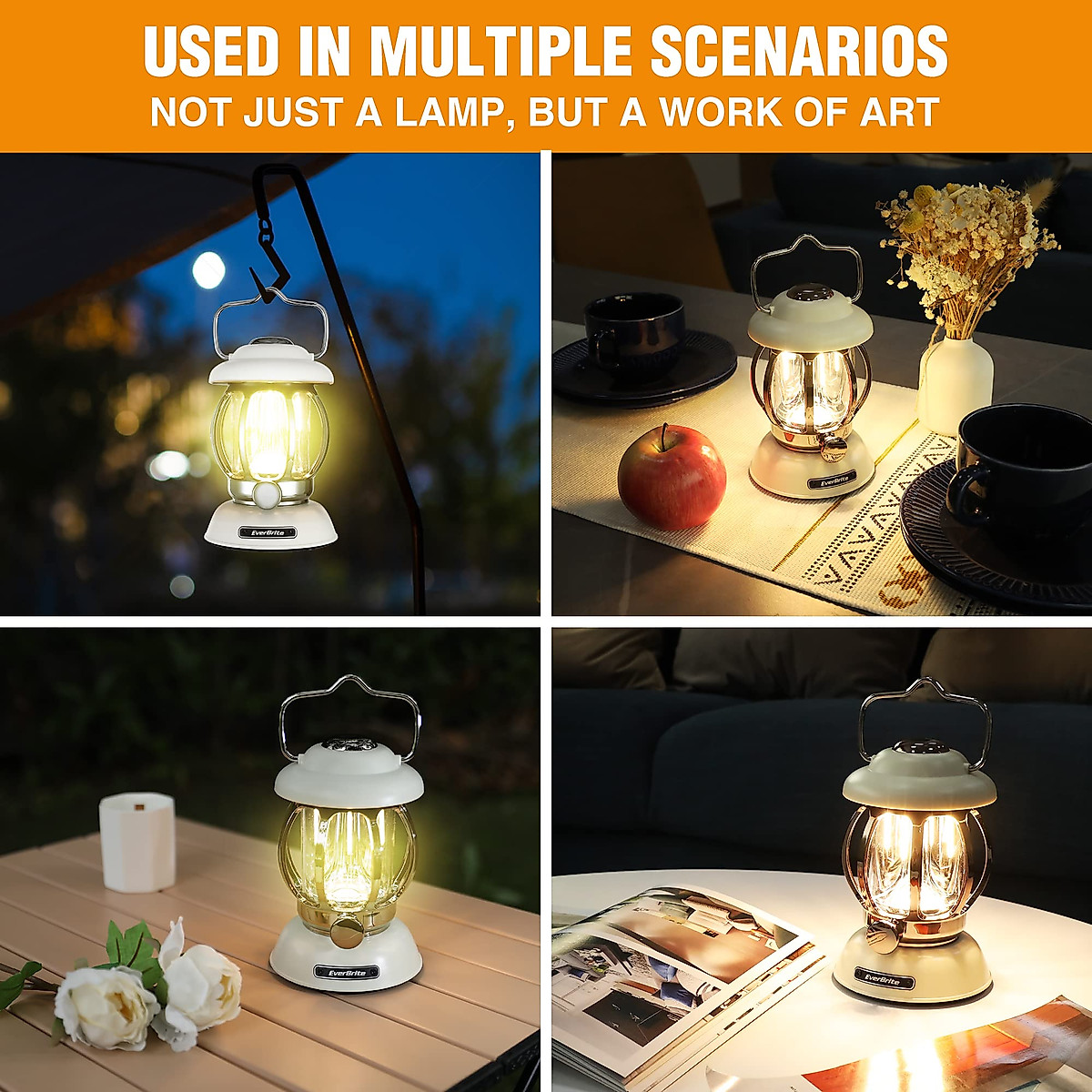 EverBrite Camping Lantern Rechargeable, Retro Metal Camping Light, 4400mAh Battery Powered Hanging Vintage Camping Lamp, 3 Light Modes, Outdoor Tent Light, Emergency Lantern for Power Outage - White