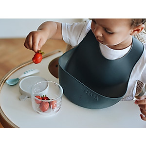 Beaba Silicone Baby Bib, Made with Soft Supple Silicone, Baby Bibs with Baby Food Catcher, Baby Boy Bibs Baby Girl Bibs, Baby Essentials for Baby Feeding (Charcoal)