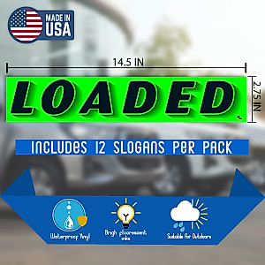 Versa Tags Windshield Slogan Stickers 12 Pack Each of Loaded, 3RD Row Seating, WE Finance, FINANCING Available, Warranty (60) Window Stickers Total Dealership Stickers Black On Green