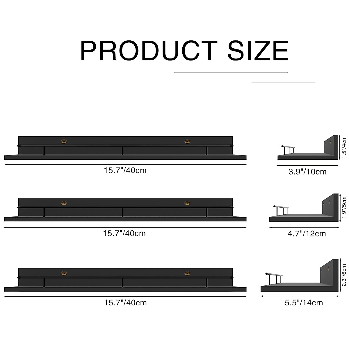 Giftgarden 16 Inch Black Floating Shelves with Black Metal Guardrail, Wood Shelves for Wall Storage Set of 3, Wall Shelf for Bathroom Bedroom Living Room Kitchen Nursery