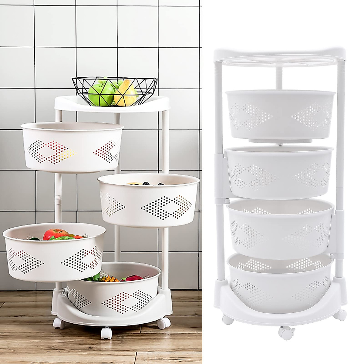LOYALHEARTDY Rotating Storage Rack 4 Tier Round Mesh Baskets Storage Shelf Rack Adjustable Height Kitchen Storage Shelf with 5 Lockable Casters for Kitchen Bathroom Bedroom White