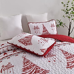 Christmas Tree Elk Quilt Set - 3PCs Soft Microfiber Lightweight Quilt Set Bedspread with 2 Pillowcases for Kids Teens Adults, Queen Size 90" x 96