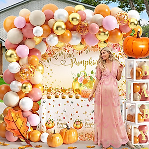 Little Pumpkin Fall Baby Shower Party Decorations Thanksgiving Party Decorations Autumn Pumpkin Party Supplies with Pumpkin Balloons Garland Arch Kit Baby Balloon Boxes Backdrop Thanksgiving Decor