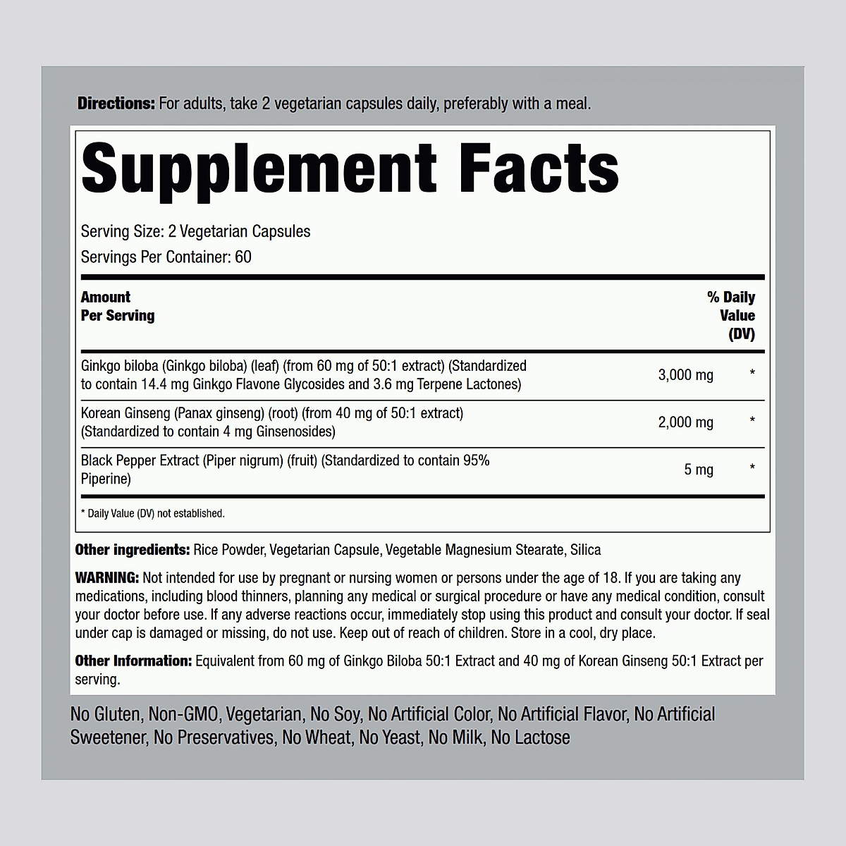 Piping Rock Panax Ginseng Capsules | 5000 mg | 120 Count | with Ginkgo Biloba | Vegetarian, Non-GMO, and Gluten Free Supplement