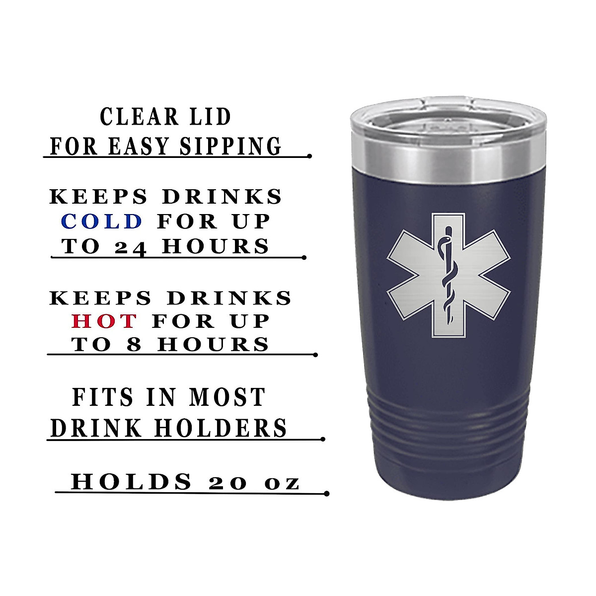 Rogue River Tactical EMT EMS Star of Life 20 Oz. Travel Tumbler Mug Cup w/Lid Paramedic (Blue)