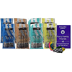 Fussie Cat Premium Tuna Puree Complement Topper Treat 4 Flavor Variety - (2) Each: Salmon, Shrimp, Prawns, Ocean Fish (2 Ounces) - Plus Catnip Toy and Fun Animal Facts Booklet Bundle