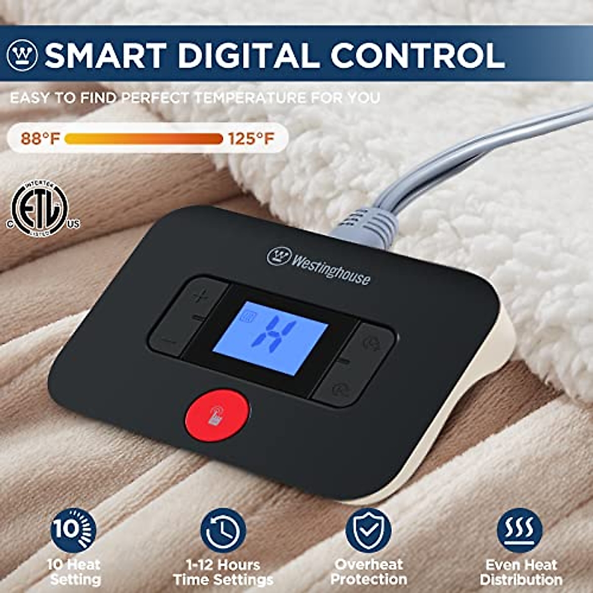 Westinghouse Electric Blanket Heated Blanket | 10 Heating Levels & 1 to 12 Hours Heating Time Settings | Flannel to Sherpa Reversible 62x84 Twin Size | Machine Washable, Beige