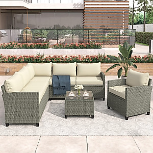 Merax 5 Piece Patio Furniture Set Outdoor Conversation PE Wicker Rattan Sectional Sofa, Coffee Table and Single Chair, Beige