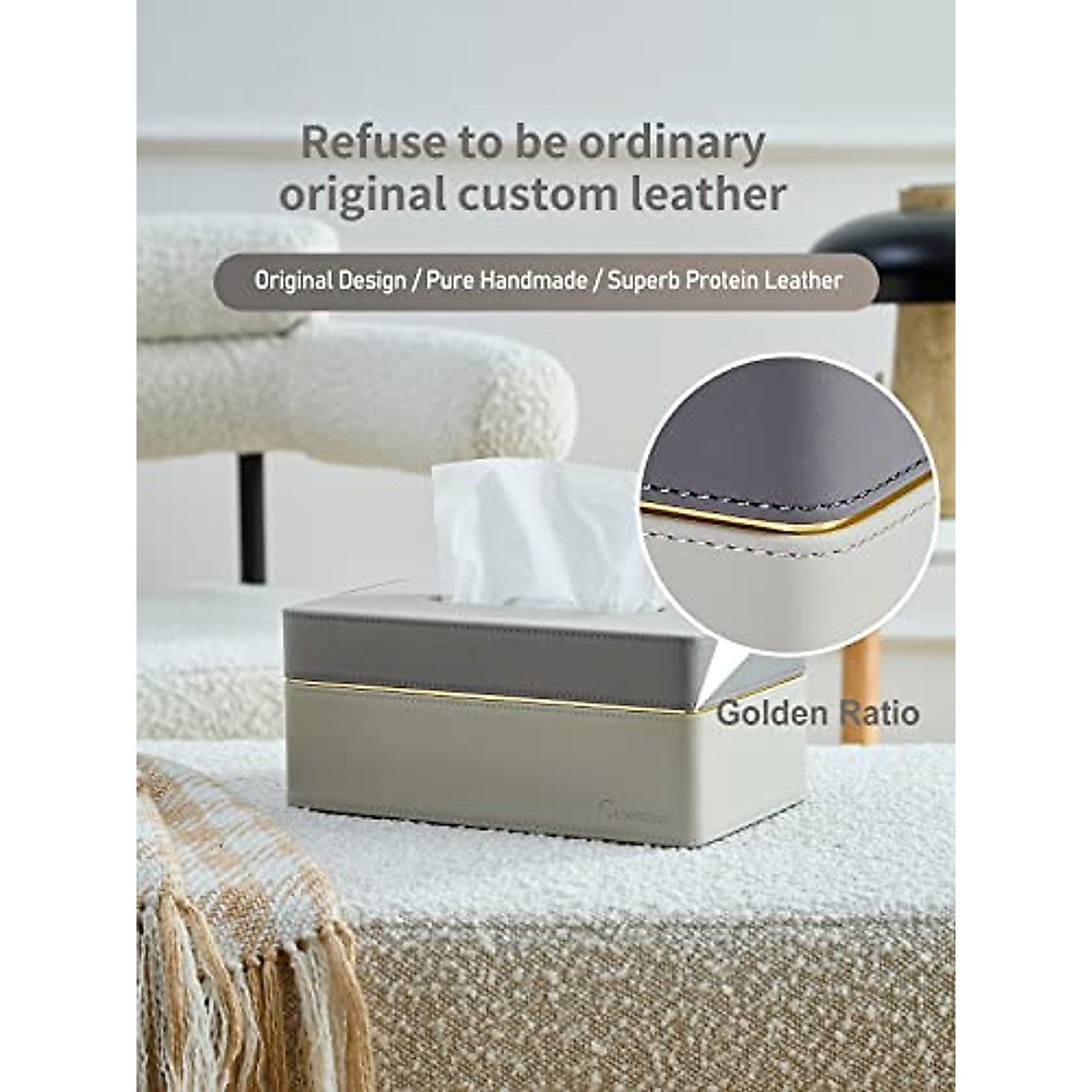 Tissue Box Holder Cover Rectangular, Modern PU Leather Decorative Tissue Holders Organizer-Moon Grey