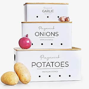 Canisters Sets for the Kitchen Organization, Potato Storage, Onion Storage, Garlic storage, Vegetable storage, Canisters Set for Countertop, Set of 3 Galvanized Steel with Ventilation and Bamboo Lids