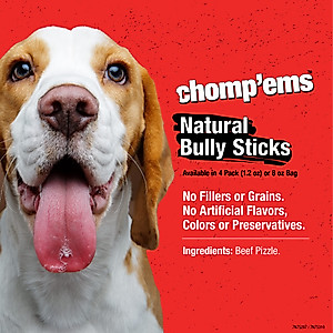 Chomp'ems Naturally Delicious Bully Sticks - Long Lasting No Hide Dog Chews - No Artificial Flavors, Colors, Or Preservatives - Protein Rich Alternative to Rawhide, 8 Oz.