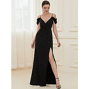 Ever-Pretty Women's V-Neck Ruched Sparkle Short Sleeves Summer Evening Dress for Women Black US6