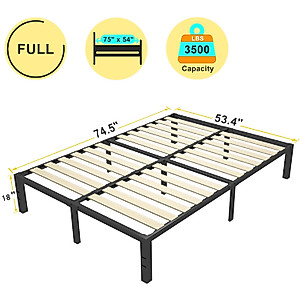 ROIL 18 inch Full Size Bed Frames with Wood Slats - 3500lbs Heavy Duty No Box Spring Needed Platform, Mattress Stoppers Double Metal Noise Free Bedframe with Headboard Hole