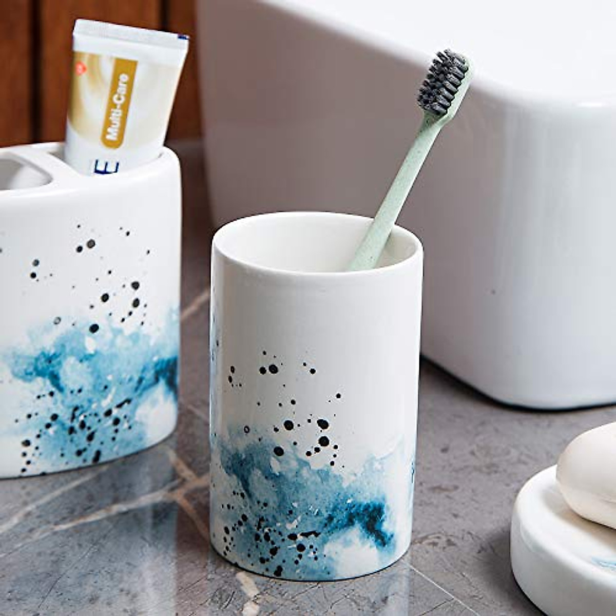 Ceramic 4-Piece Bathroom Accessories Set Complete Hand Paint Bath Countertop Accessory Soap Dispenser Set