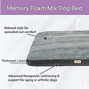 Pooch Planet Large Memory Foam Mix Dog Bed Plush & Textured Linen Mattress w/Removable Washable Cover - Gray, Large