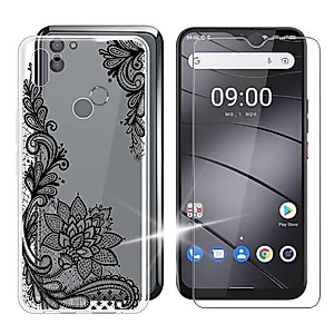 Cover for Gigaset GS5 Pro (6.30") Case IJTYHF Soft Silicone Case Bumper Shell +Tempered Glass 9H Screen Protector Protective Film, Transparent Protective TPU Cases -Black Flower