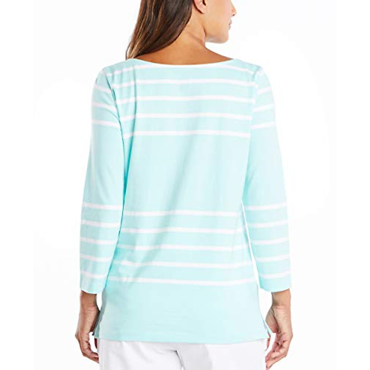 Nautica Women's Boatneck 3/4 Sleeve 100% Cotton Shirt, Aruba Blue, Large