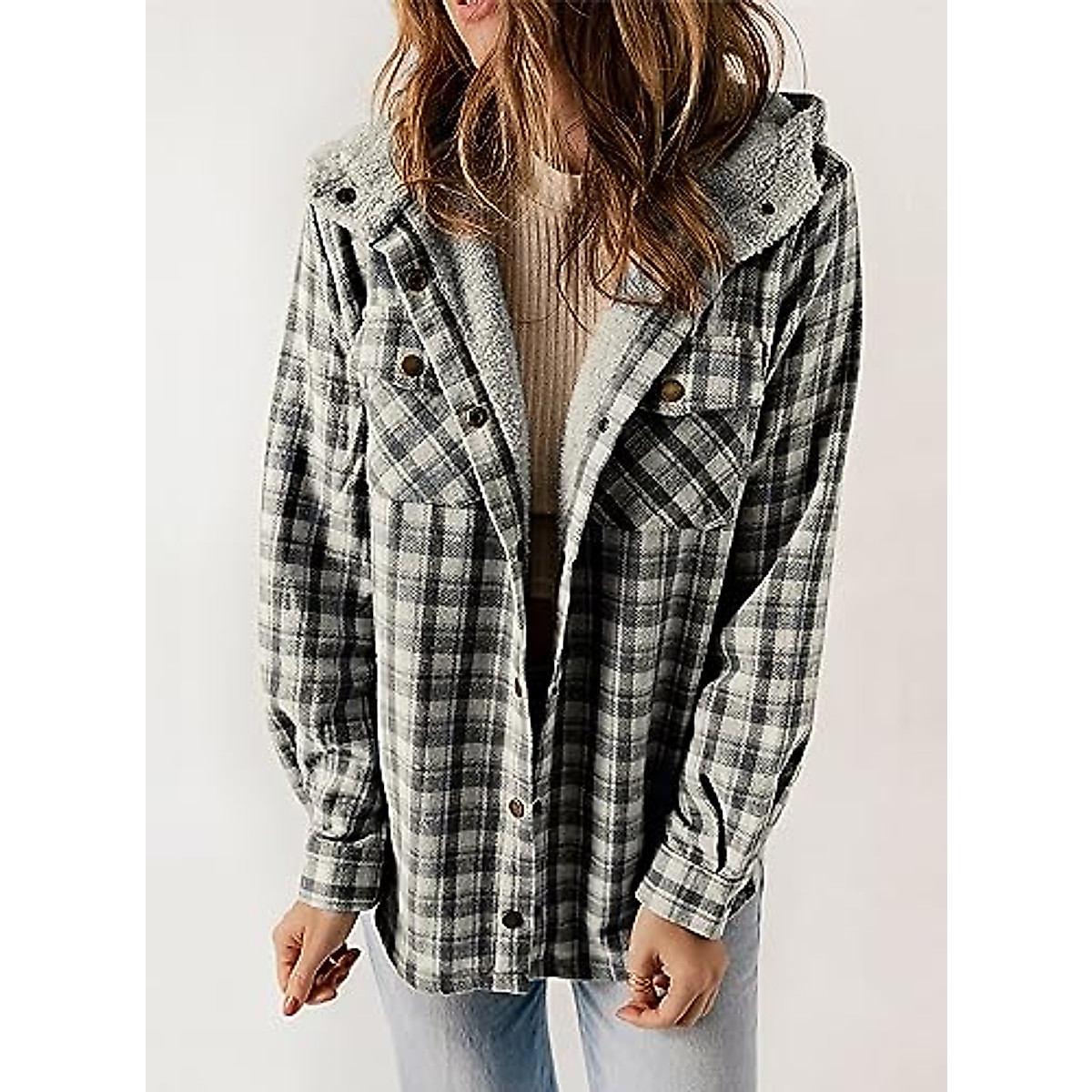 Dokotoo Womens Winter Plaid Jackets for Women Fashion Fall Button Down Long Sleeve Sherpa Shacket Jacket Women Fleece Hooded Coats Outerwear Oversized Flannel Shirts for Women with Pockets Black S