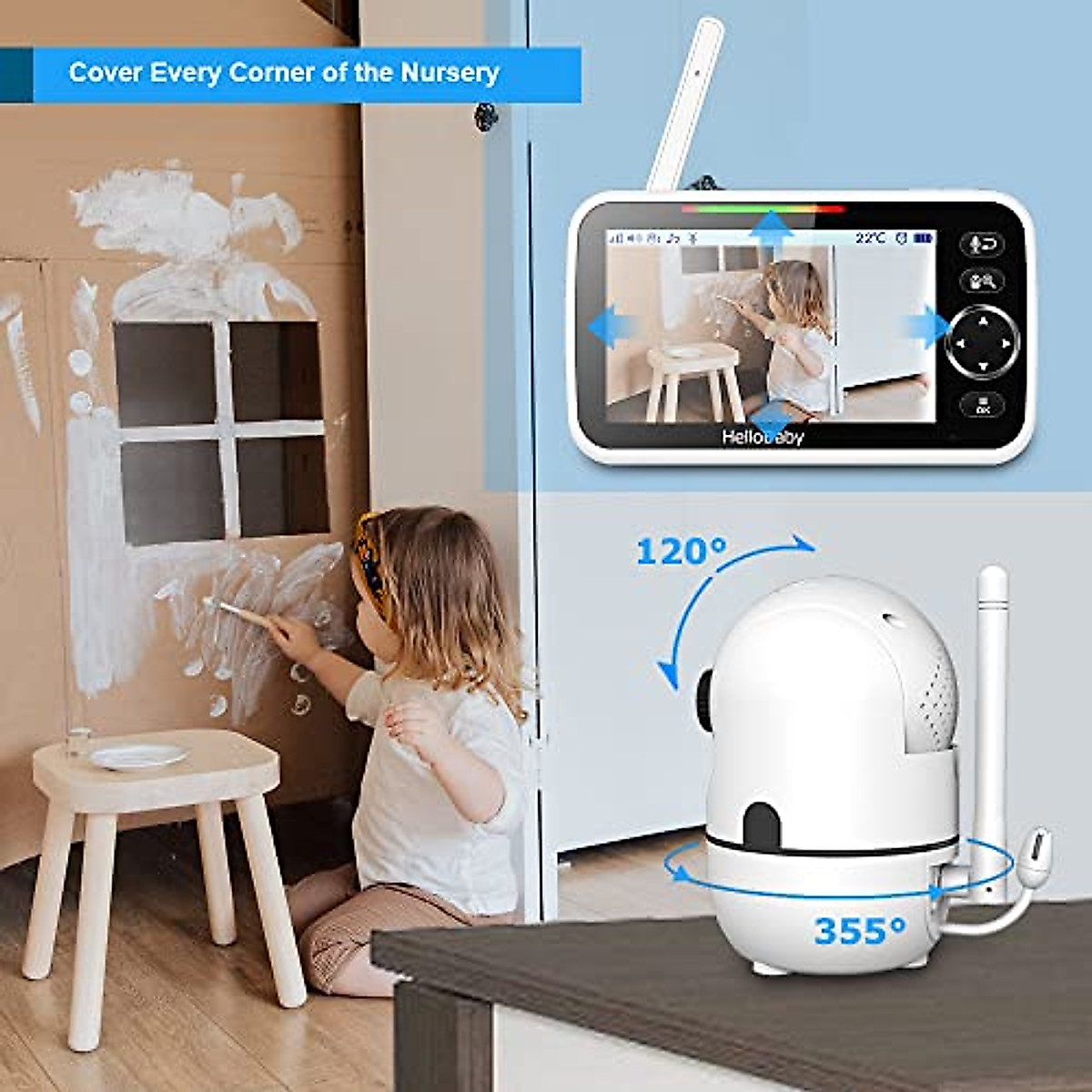 HelloBaby Monitor, 5''Display with 30-Hour Battery, Pan-Tilt-Zoom Video Baby Monitor with Camera and Audio, Night Vision, 2-Way Talk, Temperature, 8 Lullabies and 1000ft Range No WiFi, Ideal for Gifts