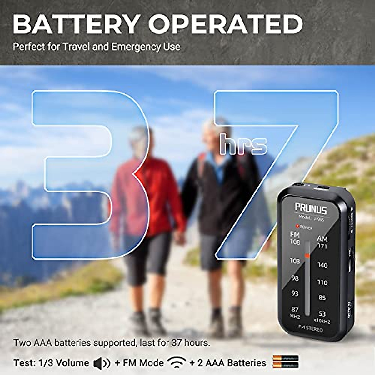 Pocket Radio Mini AM FM Stereo Radio Portable Battery Operated Radio, Includes Headphones, with Back Clip and Signal Indicator, Operated by AAA Batteries for Walking and Jogging, J-985 by PRUNUS