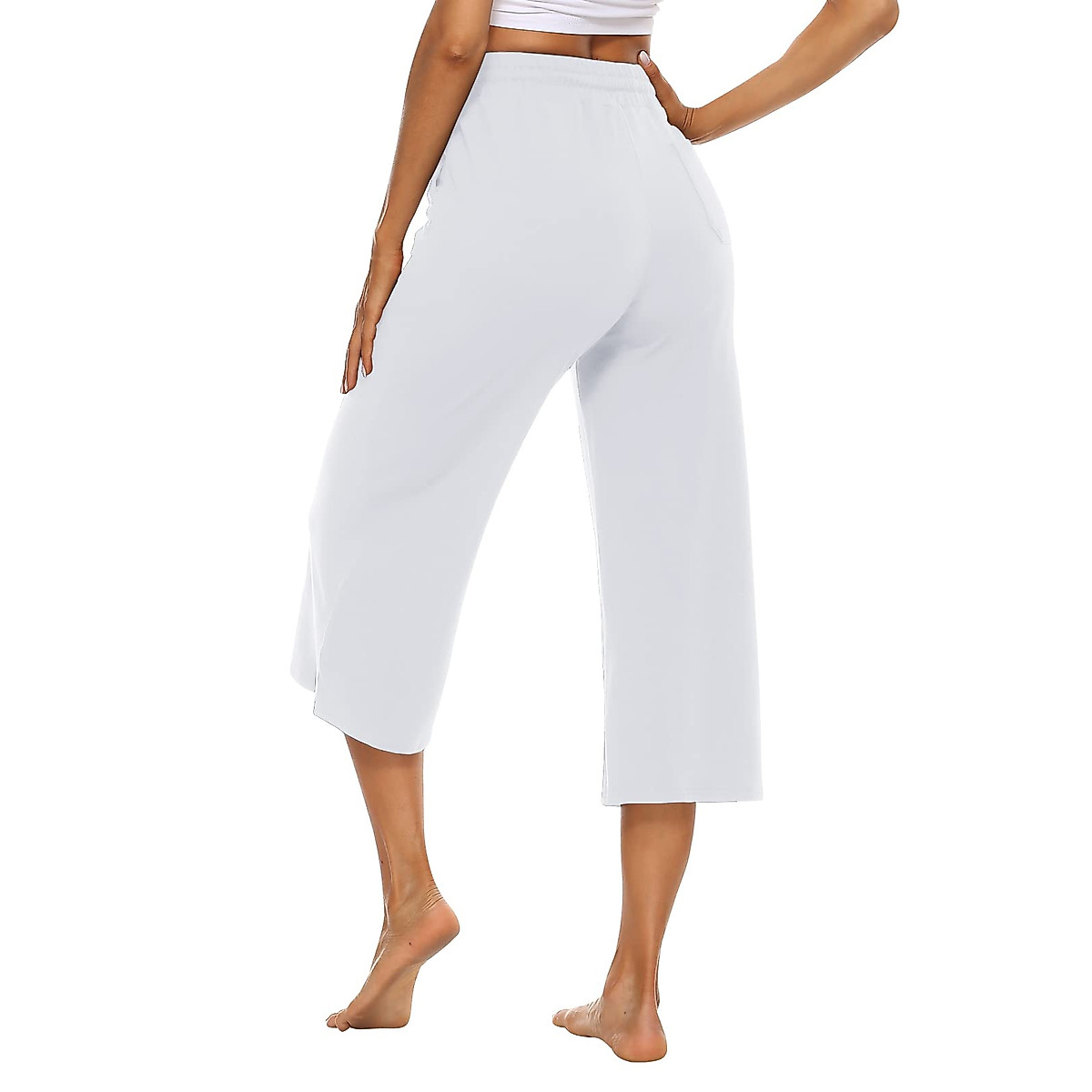 OYANUS Capris for Women Casual Summer Loose Comfy Drawstring Wide Leg Capri Pants with Pockets White-3XL