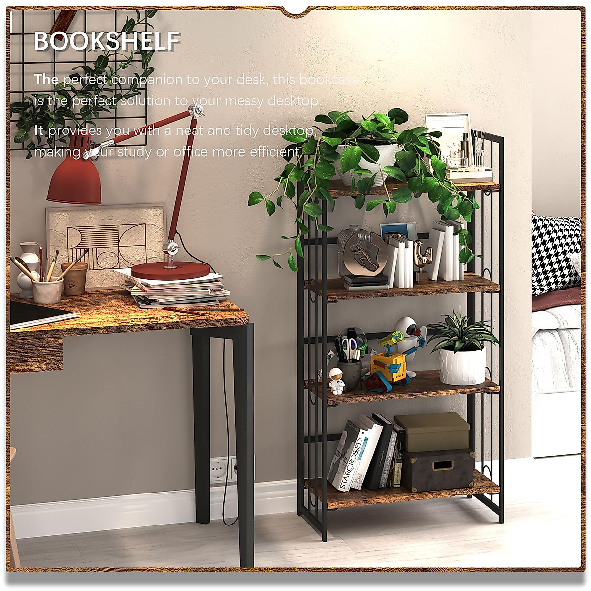 4NM No-Assembly 4 Tiers Folding Bookshelf Storage Shelves Vintage Bookcase Standing Racks Study Organizer Home Office - Rustic Brown and Black