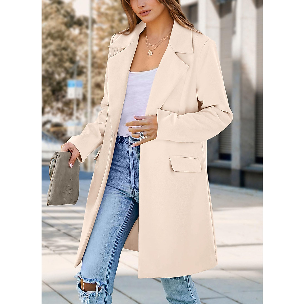 PRETTYGARDEN Women's 2024 Fall Long Blazer Jackets Long Sleeve Lapel Pockets Loose Fit Work Casual Blazers Outerwear (Beige,Small)