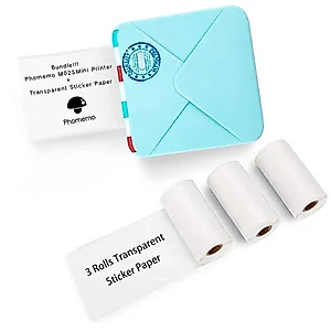 Phomemo M02S Mini Thermal Printer- Bluetooth Photo Printer with 3 Rolls Transparent Sticker Paper, Compatible with iOS + Android for Plan Journal, Study Notes, Art Creation, Work, Gift, Cyan