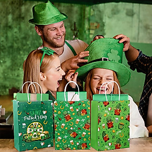 SPERPAND 24 Pcs St. Patrick's Day Gift Bags with 24 Tissues, Paper Goodie Favor Bags with Handles, Green Clover Shamrock Bags Patrick Day Party Accessories (3 styles)