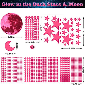 Zonon 1630 Pieces Glow in The Dark Ceiling Star Glow in The Dark Moon and Stars Wall Decals Luminous Stickers for Bedroom Boys Girls Nursery Living Room (Fluorescent Pink)