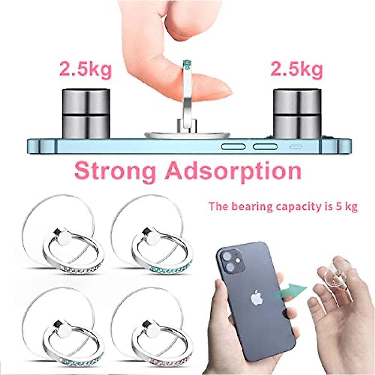 4 Pcs KutumyQC Cell Phone Ring Holder Stand Diamond Transparent Finger Grip Clear 360° Degree Rotation Kickstand Compatible iPhones and All Phones (Silver Pink Blue Aquamarine)