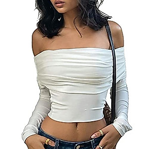 LuFeng Women's Sexy Off Shoulder Double Layer T-Shirt Long Sleeve Y2k Crop Tee Tops Streetwear White
