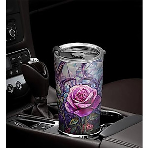 ORCAE 20oz Colorful Rose Flower, Crystal Stained Glass Style Flowers, Pink Purple Rose Tumbler Cup, Insulated Travel Mug with Lid, Coffee Thermos for Women, Gifts for Women - M