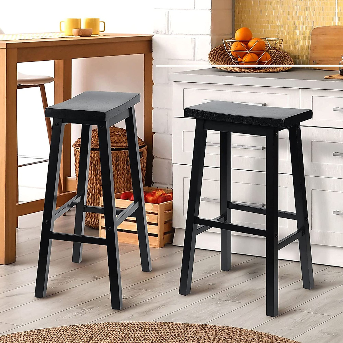PJ Wood 24 Inch Single A Frame Classic and Modern Comfortable Wooden Bar Stool Saddle Seat with Built in Bars as Footrests, Black
