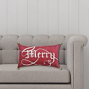 Comfy Hour Joyful Holiday Collection Merry Christmas with Four Bells Throw and Accent Pillow, Fashionable Cushion, Winter Decoration, Red, 14"x8"x5", Polyester