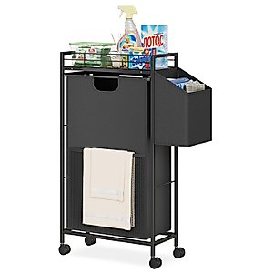 LASZOLA Slim Laundry Hamper with Wheels & Lid, 52L Thin Narrow Laundry Basket with Handle for Small Spaces, Tall Rolling Skinny Clothes Hamper with Removable Liner Bag, Side Pockets and Net Bag, Black