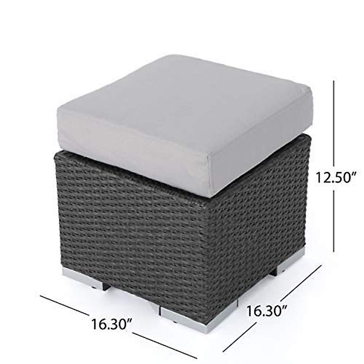 GDFStudio Outdoor 16 Inch Grey Wicker Ottoman Seat with Silver Water Resistant Cushion (Set of 2)