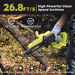 NaTiddy Mini Chainsaw 6 inch Cordless,Upgraded 21V Brushless Battery Powered Chainsaw ,Portable One-Hand Rechargeable Handheld Electric Chainsaw for Wood Cutting Tree Trimming (2 Batteries, 2 Chains)