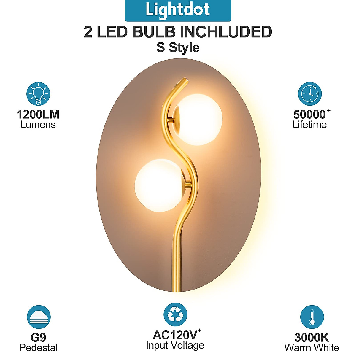 Lightdot 61IN Gold Floor Lamp, Globe Standing Lamp with 2PCS 3000K G9 Bulbs Soft Warm White Eye Care, Mid Century Modern Floor Lamp for Living Room Bedroom Home Decor