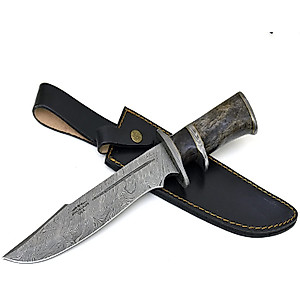 SHOKUNIN USA Bowie knife, 13.0",Handmade Hunting Knife, Bone Handle, Hand Stitched Leather Sheath