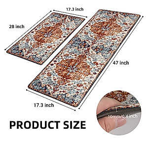 chiinvent Boho Kitchen Rugs Set of 2 Anti-Fatigue 0.4 Inch Thick Farmhouse Vintage Bohemian Kitchen Floor Mats Non Slip Waterproof Comfort PVC Mat Decor for Sink Laundry 17.3 x 28+17.3 x 47 Inch