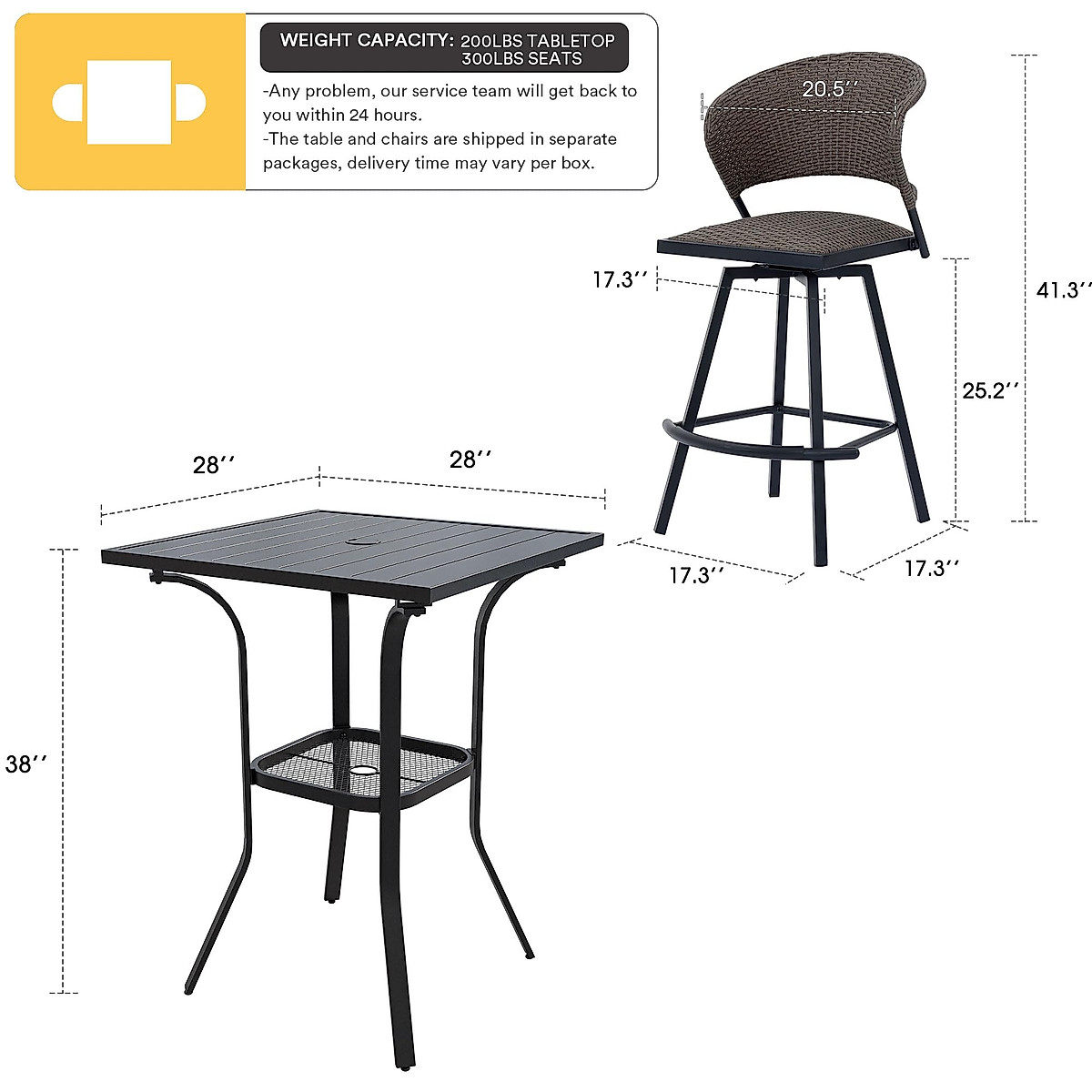 VICLLAX Outdoor Patio Swivel Bar Set, 3 Pieces Set Outdoor Patio Furniture, Metal Bistro Set, Patio Bar Height Table and Swivel Wicker Patio Bar Chairs, Brown Chairs