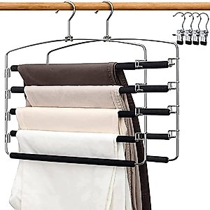 Homa Jia Pants Hangers Space Saver 3 Pack and 4 Heavy Duty Clips, Space Saving Multi Bar Metal Pant Hangers, Stable with Non-Slip Padding, Perfect for Hang Jeans Trousers Ties Scarf Belt Etc