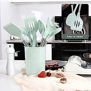 NCUE Cooking Utensils Set, 28 Pcs Silicone Kitchen Utensils Set with Holder, Silicone Whisk, Spatulas, Scissors, Measuring Cups and Spoons Set with Stainless Steel Handle Kitchen Gadgets (Light Green)