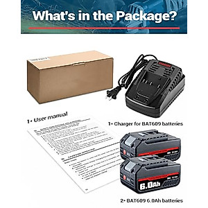 2Pack BAT609 6000mAh 18V Battery and Charger Kit Replacement for Bosch 18 Volt Battery Li-ion Compatible with Bosch 18v Battery & Charger Combo Starter Kit BAT609G BAT610G BAT611 BAT612 BAT618 BAT618G