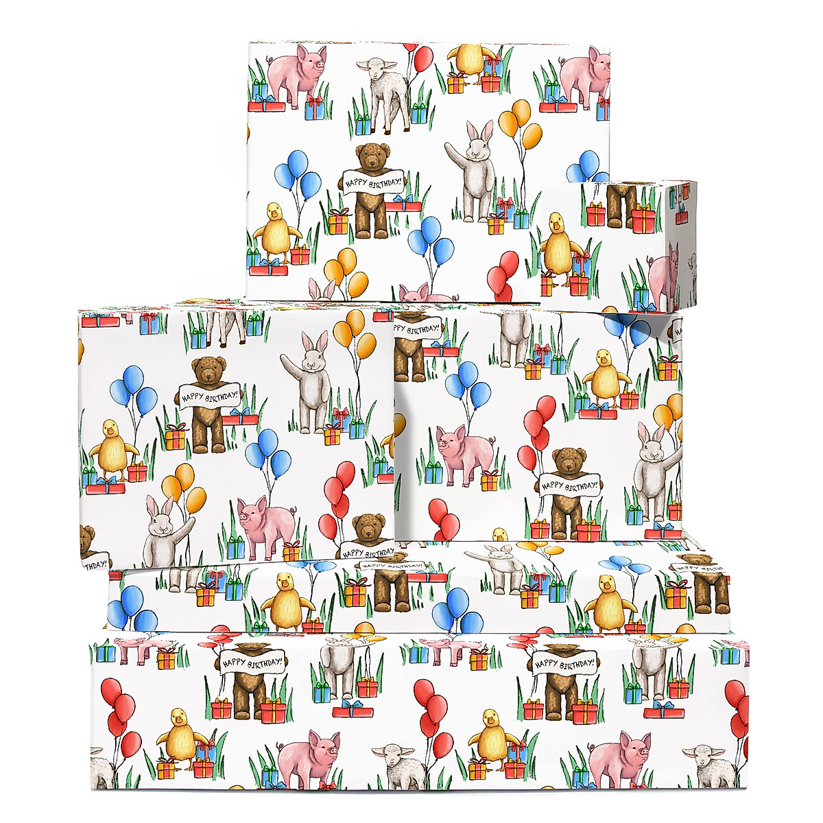 CENTRAL 23 Happy Birthday Wrapping Paper For Boys And Girls - 6 Sheets Gift Wrap - Cute Country Farm Animals - For Boys Girls - Kids Wrapping Paper - Comes With Fun Stickers