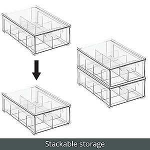 mDesign Plastic Kitchen and Pantry Organizer with Divided Drawer - Stackable Bin with 8 Sections for Tea and Snack Food - Perfect for Organizing Cabinet, Fridge - Lumiere Collection - Clear