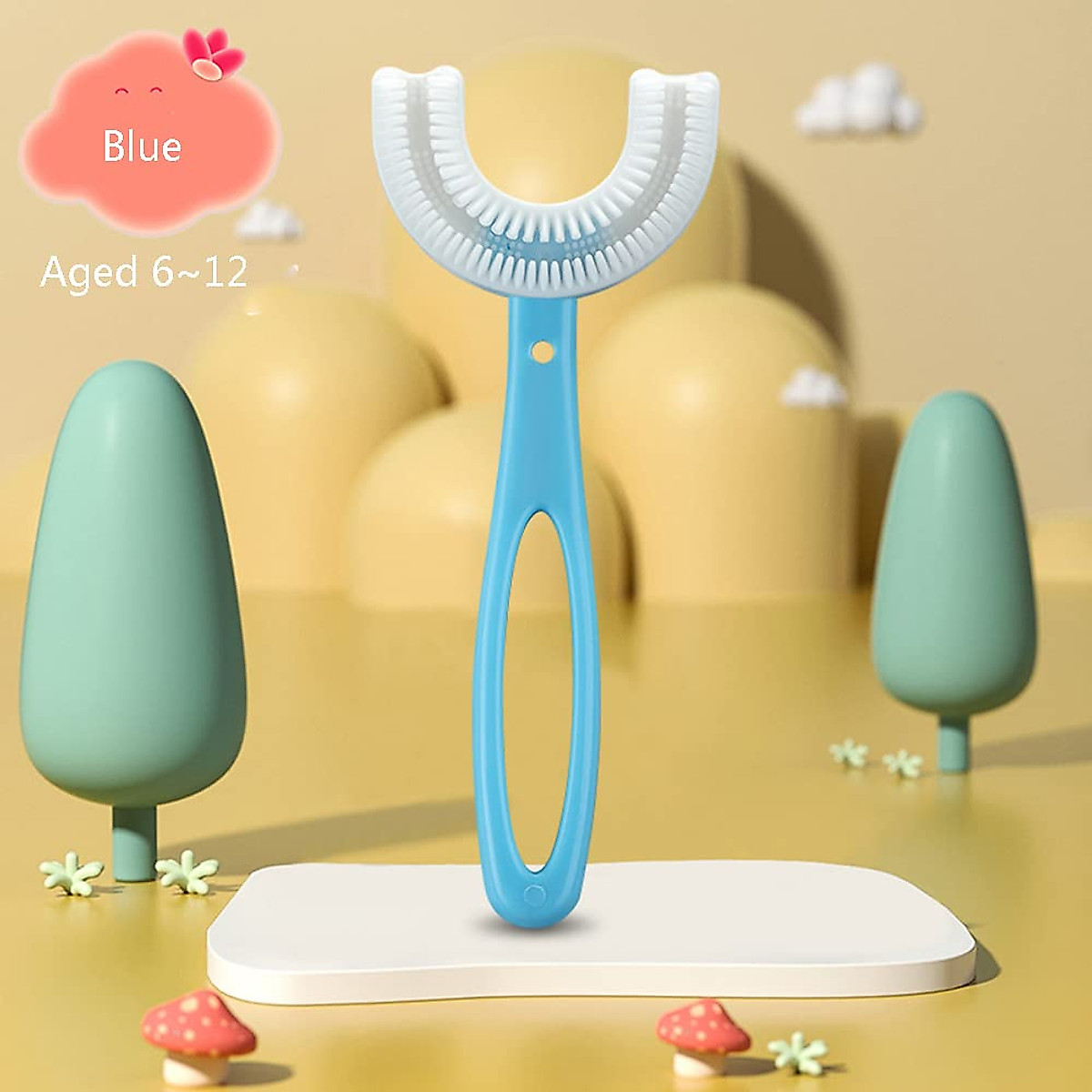 owno 2 Pack U- Shaped Toothbrush, 360°Oral Cleaning Design for Children Oral Care, Food-Grade Soft Silicone Brush Head with Compact, Soft Bristles(Blue + Pink)(6-12ages)