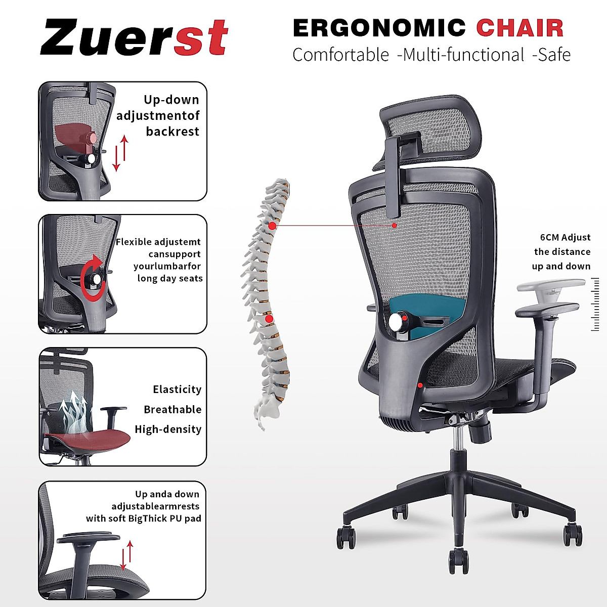 ZUERST Ergonomic Office Chair - Reclining Office Chair with Mesh Seat and Back, 5D Adiustable Headrest, 4D Lumbar Support, Armrest, Big and Tall Swivel Rocking Computer Desk Chairs for Home Office (Bl