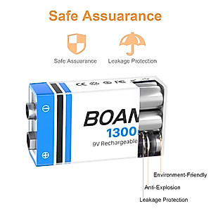 BOANV 4PCS 1300mAh 9V Rechargeable Batteries, 9V Rechargeable USB Lithium Long Lasting Battery, with 2 in 1 Charging Cable, for Smoke Detectors, Alarms, Keypad, Microphone